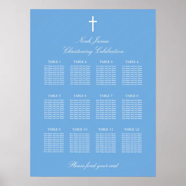 Blue 12 Table Christening Seating Chart Poster | Zazzle