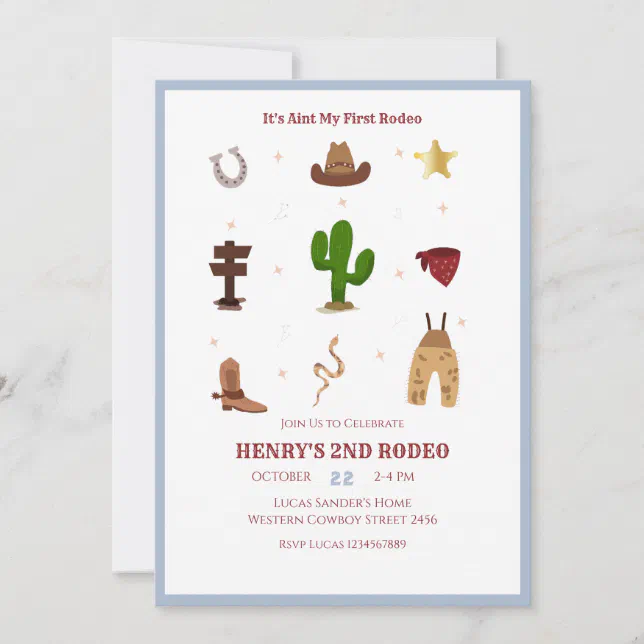 Blue 2nd Rodeo Cowboy Kids Birthday Invitation | Zazzle
