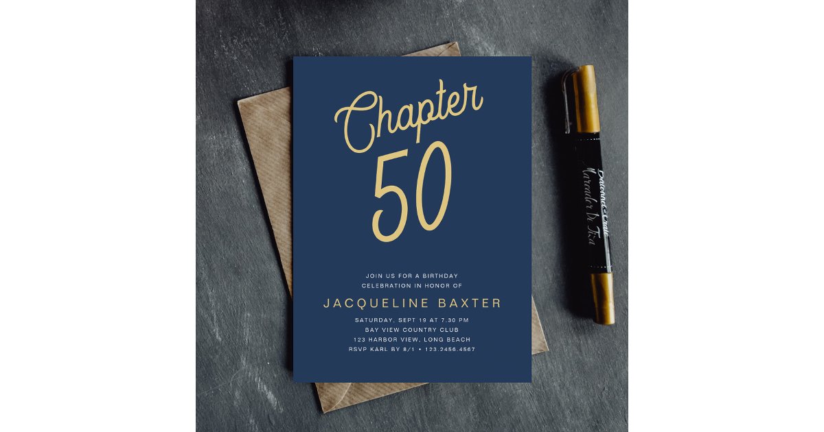 Blue 50th Birthday Gold Script 50 Invitation | Zazzle