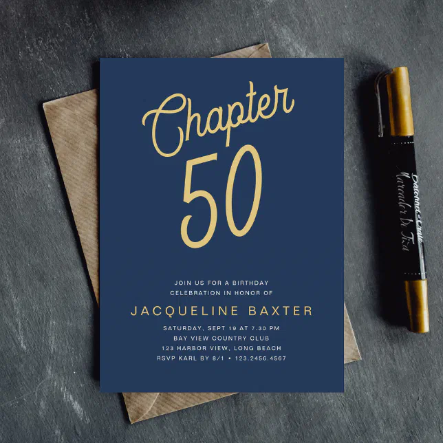 Blue 50th Birthday Gold Script 50 Invitation | Zazzle
