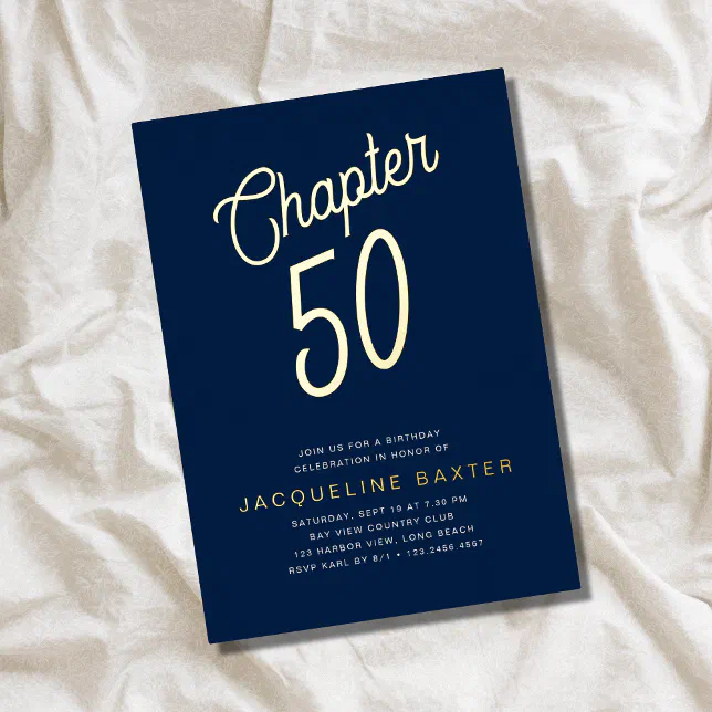 Blue 50th Birthday Gold Script Chapter 50 Party Foil Invitation | Zazzle