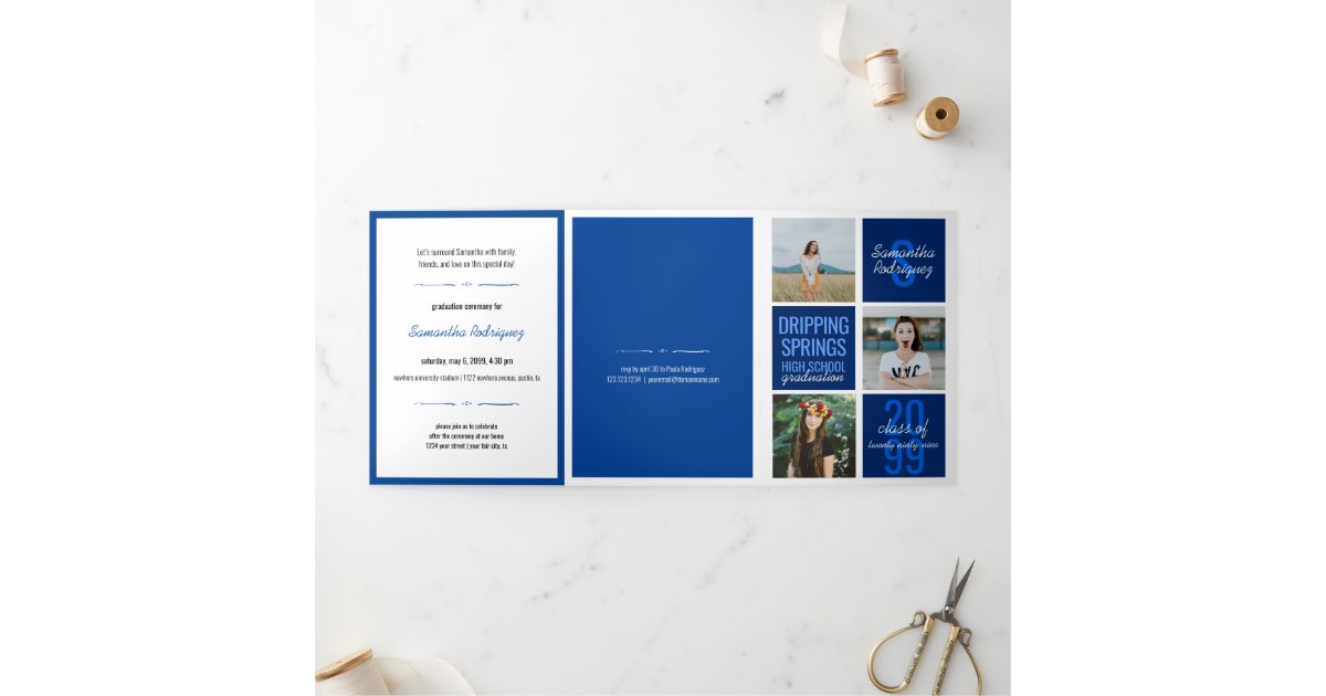 Blue 5-Photo Fun Boxes Graduation Tri-Fold Invitation | Zazzle