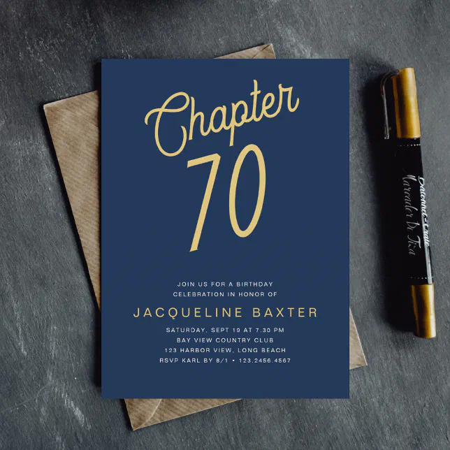 Blue 70th Birthday Gold Script 70 Invitation | Zazzle