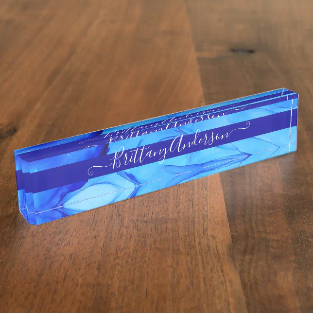 Blue Abstract Ink Blot Beautiful Custom Desk Name Plate | Zazzle