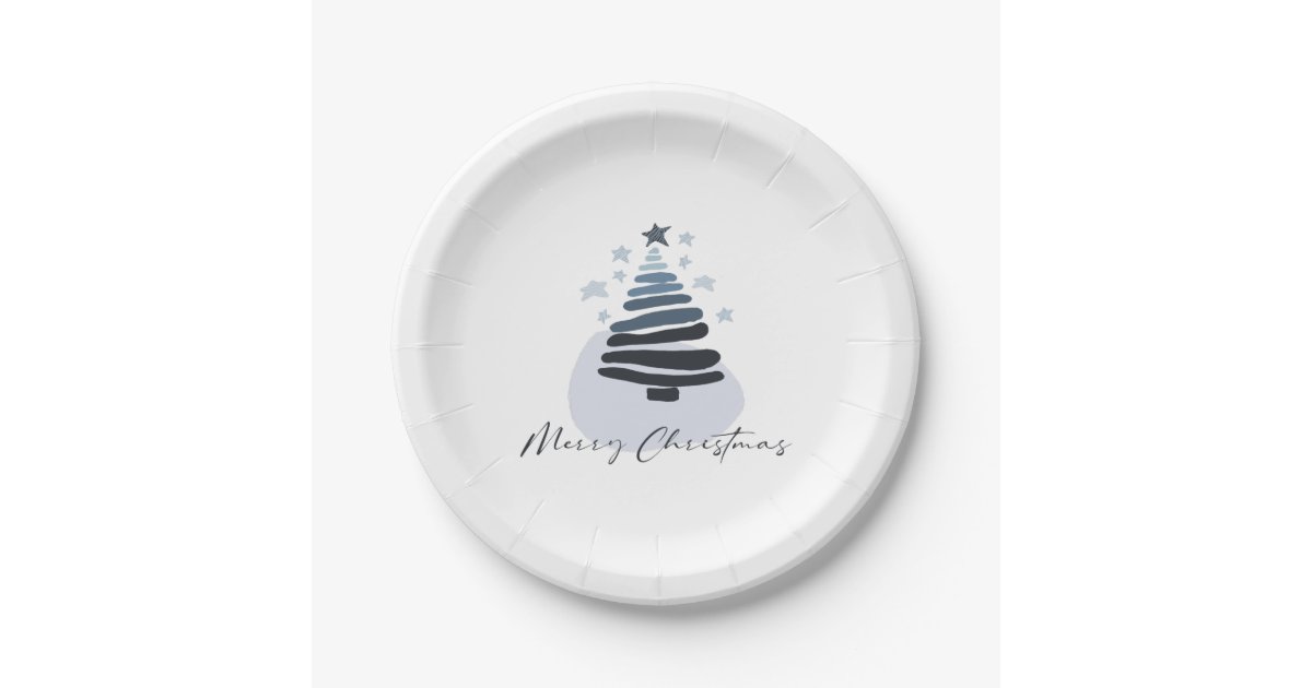 Blue Abstract Scandi Style Christmas Tree Party Paper Plates | Zazzle