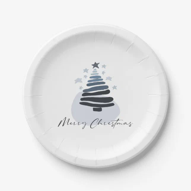 Blue Abstract Scandi Style Christmas Tree Party Paper Plates | Zazzle