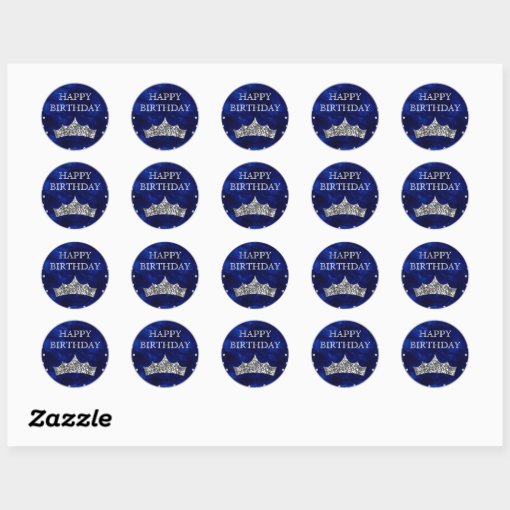 Blue Acrylic & Silver Glitter Crown Birthday Classic Round Sticker | Zazzle