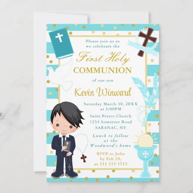 Blue African American Boy First Holy Communion Invitation | Zazzle