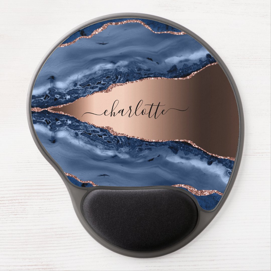 Blue agate marble rose gold name script gel mouse pad | Zazzle
