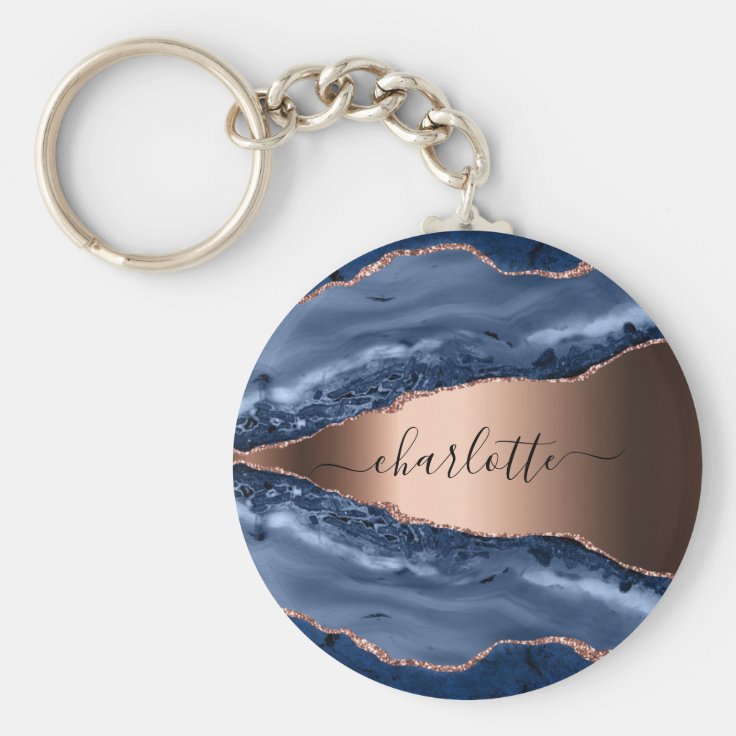 Blue agate marble rose gold name script keychain | Zazzle