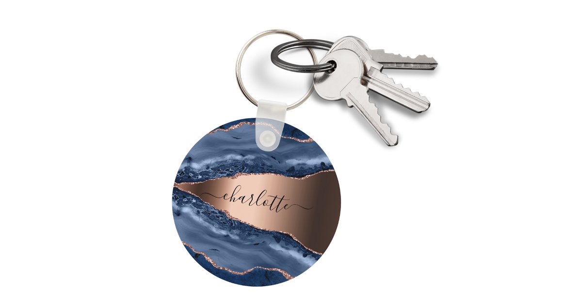 Blue agate marble rose gold name script keychain | Zazzle