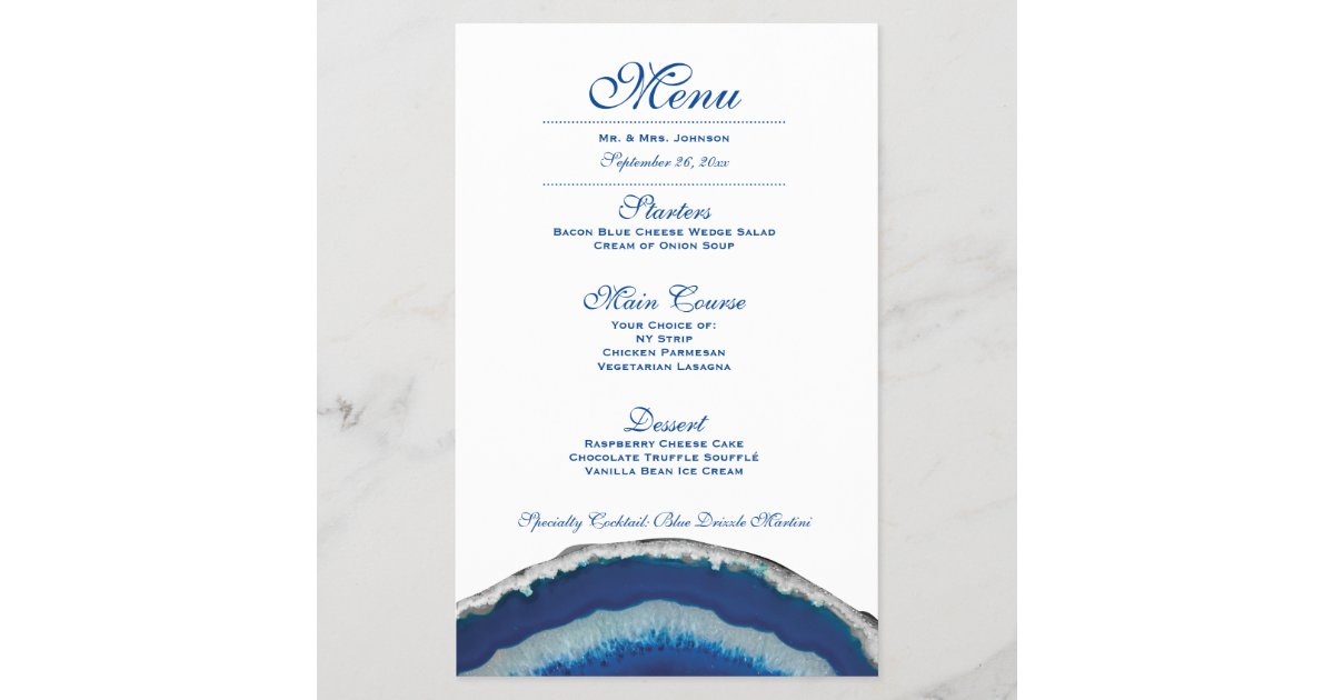 Blue Agate Wedding Dinner Menu | Zazzle