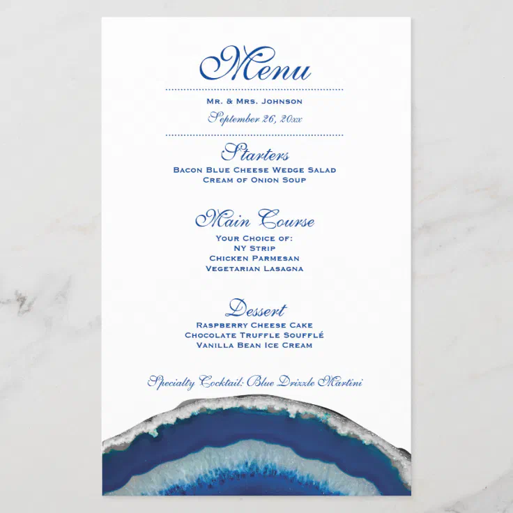Blue Agate Wedding Dinner Menu | Zazzle
