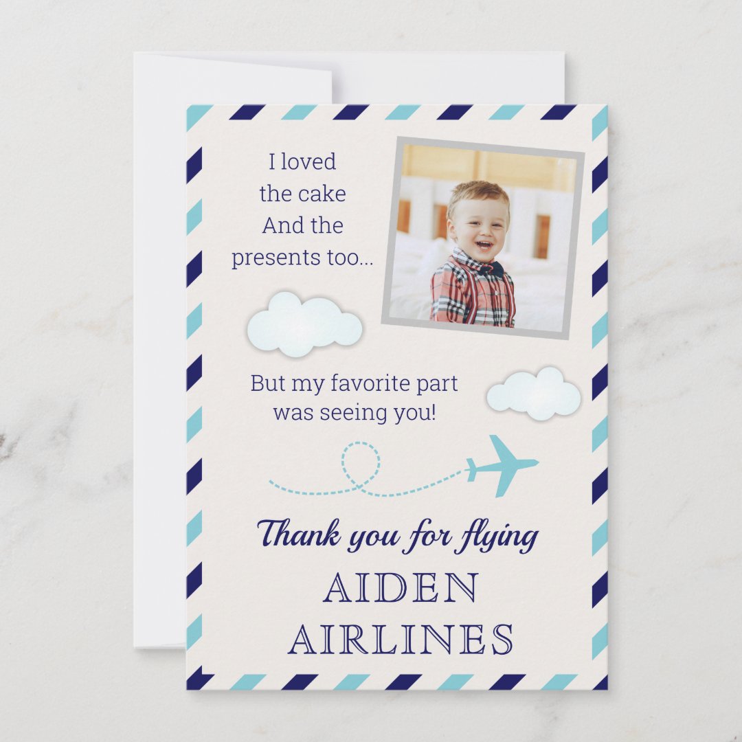 Blue Airline Airplane Baby Boy 1st Birthday Party Thank You Card | Zazzle