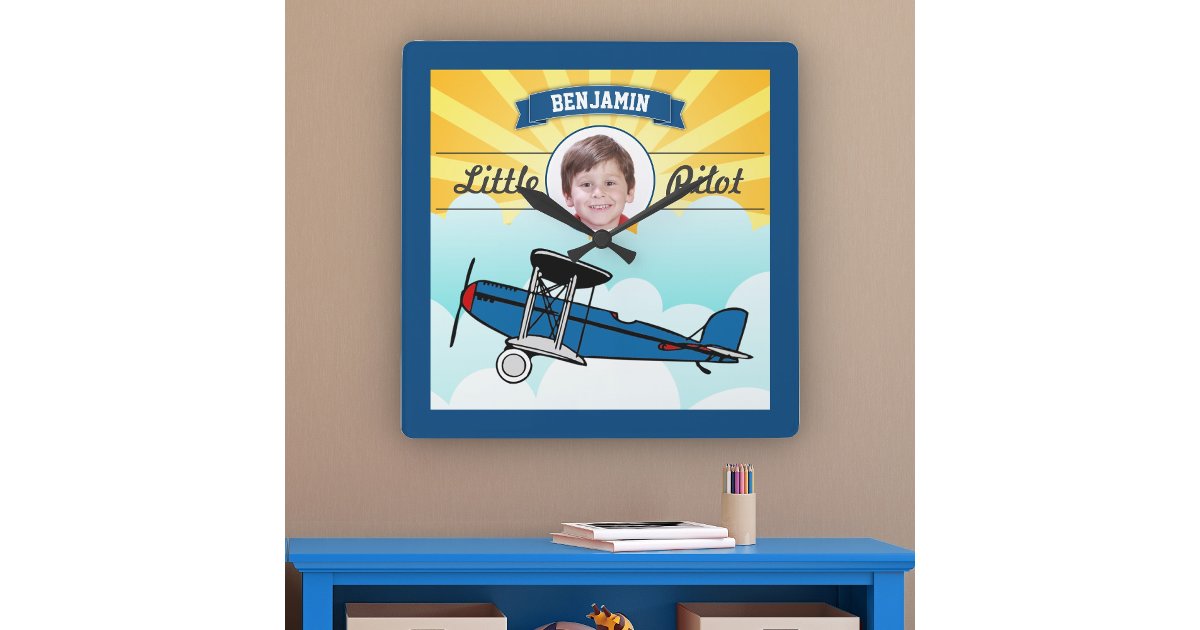 Blue Airplane Little Pilot Name Photo Kids Room Square Wall Clock | Zazzle