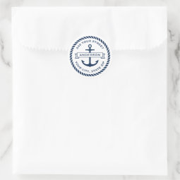 Blue anchor and banner rope border return address classic round sticker ...