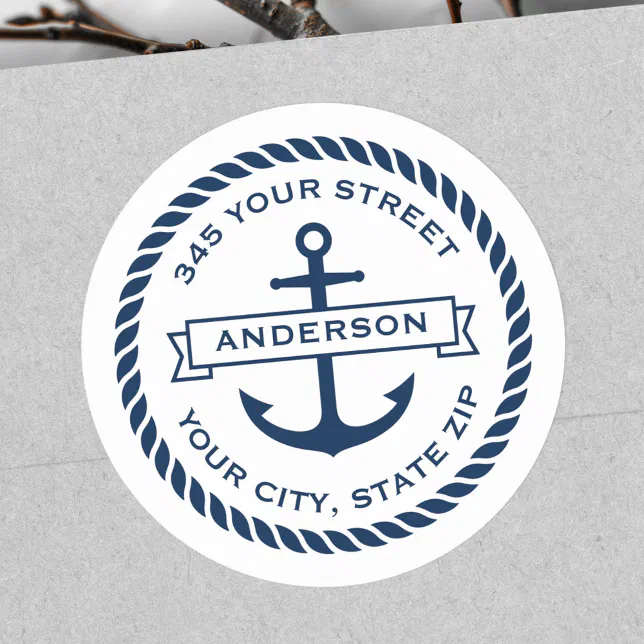 Blue anchor and banner rope border return address classic round sticker ...