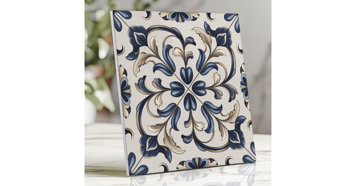 Blue and Beige Vintage Floral Scroll Ceramic Tile | Zazzle