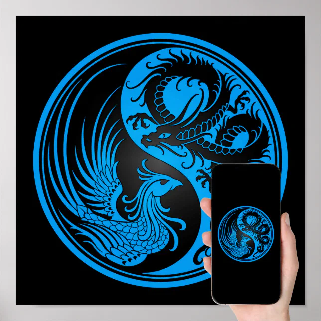 Blue and Black Dragon Phoenix Yin Yang Poster | Zazzle