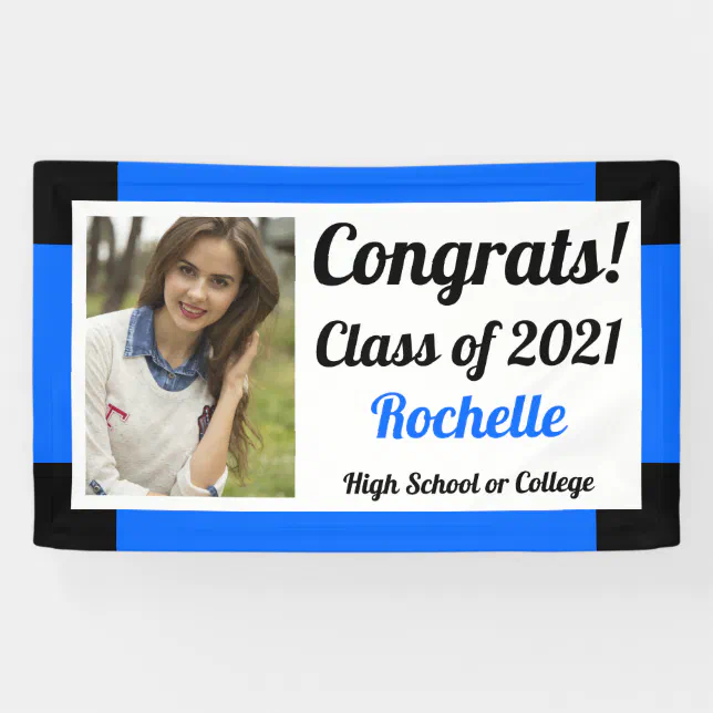 Blue and Black One Photo Class Year Graduation Banner | Zazzle