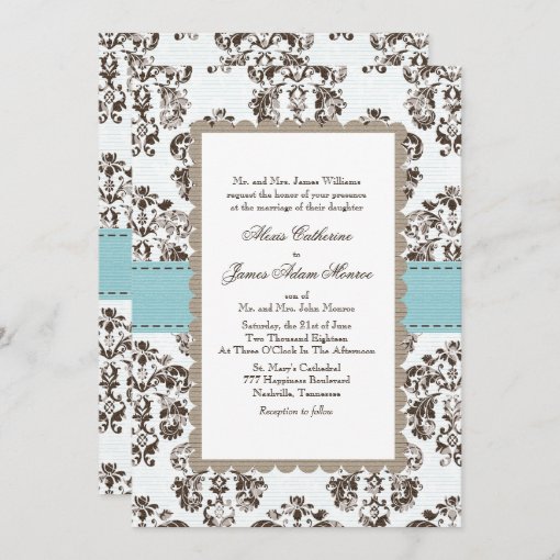 Blue and Brown Damask Wedding Invitations | Zazzle
