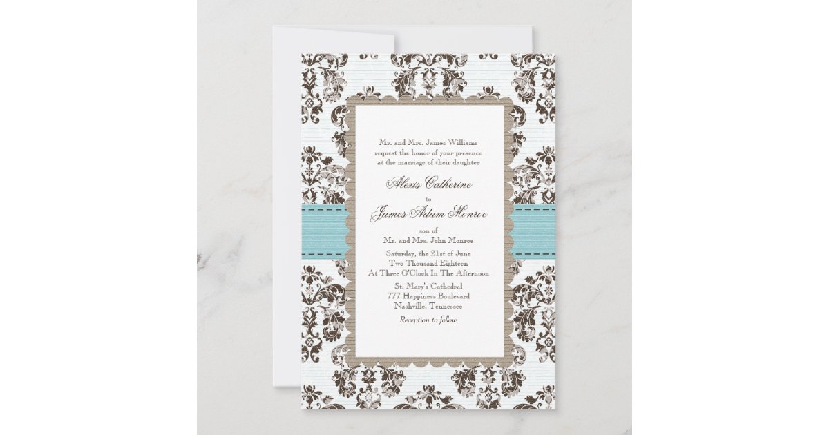 Blue and Brown Damask Wedding Invitations | Zazzle
