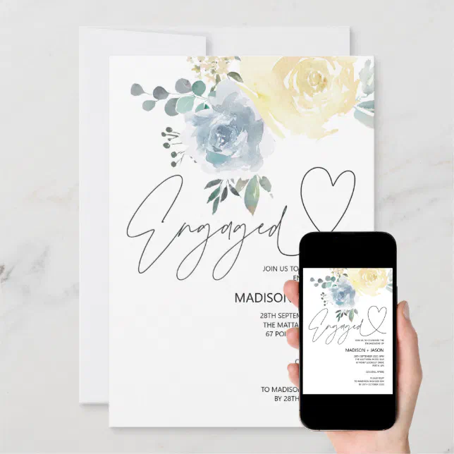 Blue and Cream Floral Engagement Party Celebration Invitation | Zazzle