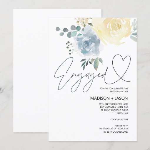 Blue and Cream Floral Engagement Party Celebration Invitation | Zazzle