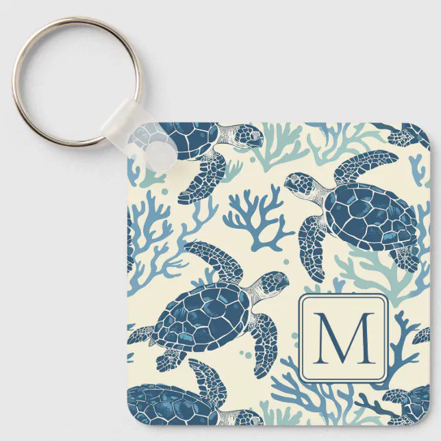 Blue and Cream Sea Turtles Monogram Keychain | Zazzle