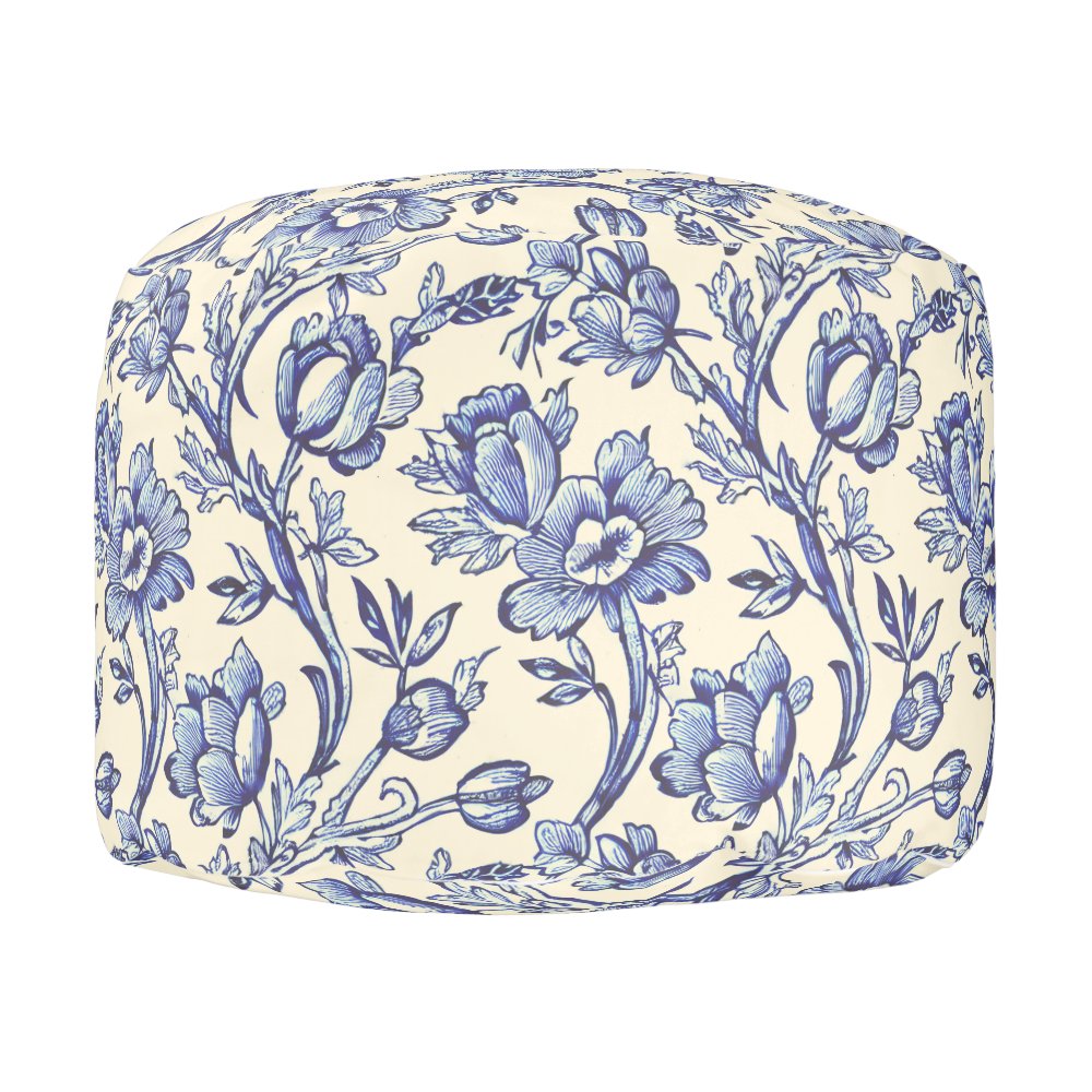 Blue and Cream Tulips French Country Decor Pouf