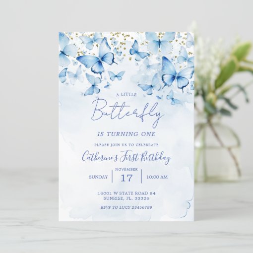 Blue and Glitter Butterflies Birthday Party Invitation | Zazzle