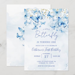 Blue and Glitter Butterflies Birthday Party Invitation | Zazzle