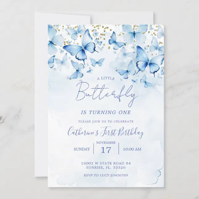 Blue and Glitter Butterflies Birthday Party Invitation | Zazzle