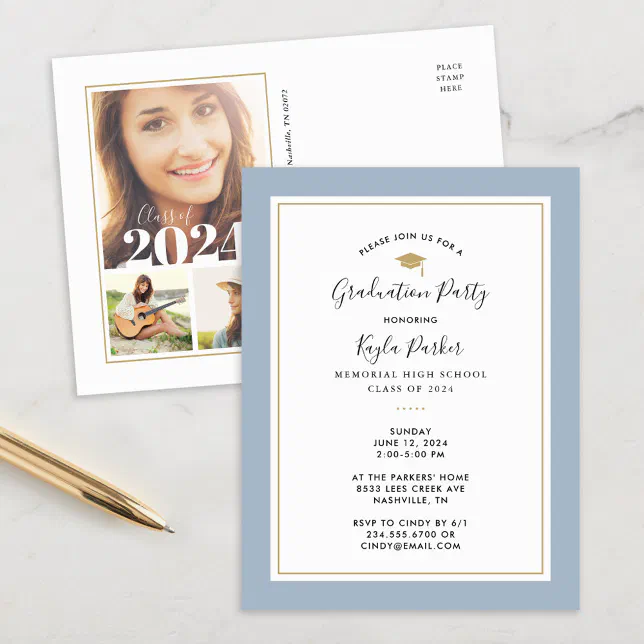 Blue and Gold 3 Photo Graduation Party Invitation | Zazzle