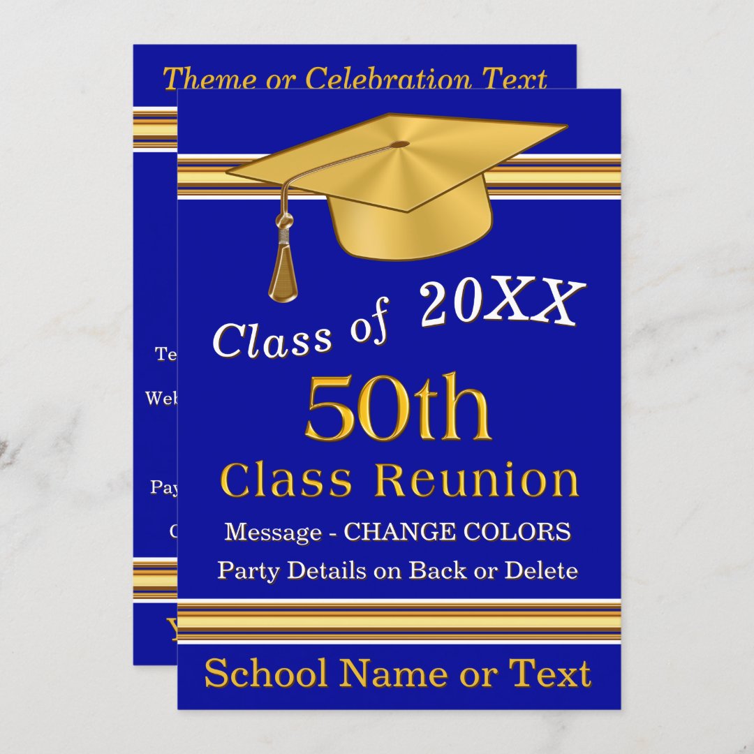 Blue and Gold 50th Class Reunion Invitations | Zazzle