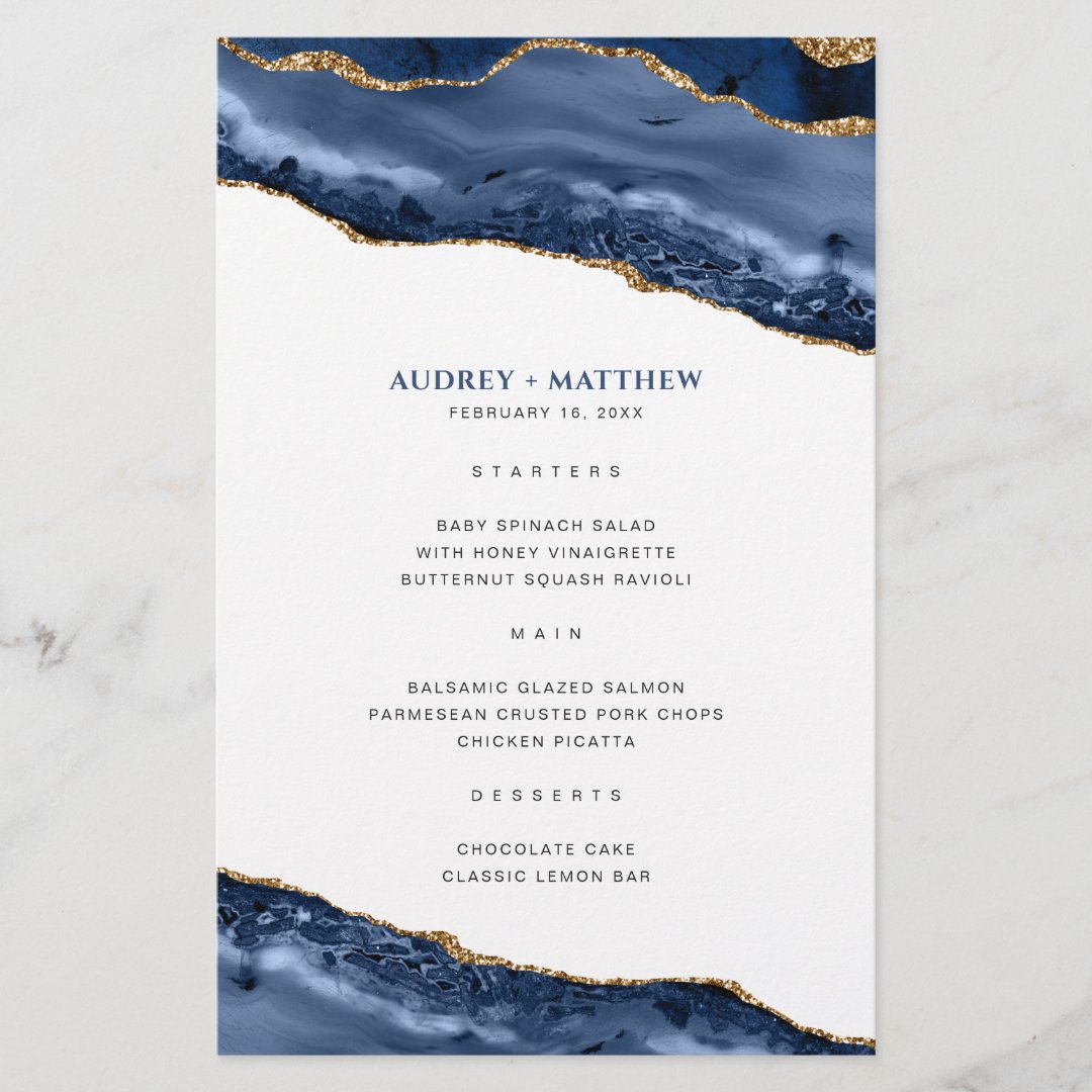 Blue and Gold Agate Border Dinner Menu | Zazzle