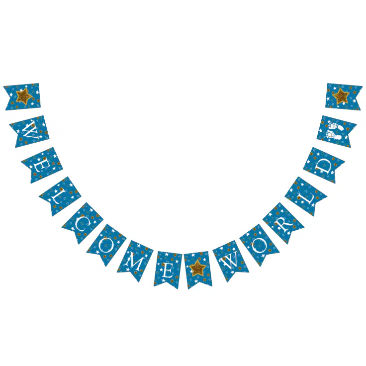 Blue and Gold Baby Shower Welcome World Footprint Bunting Flags | Zazzle