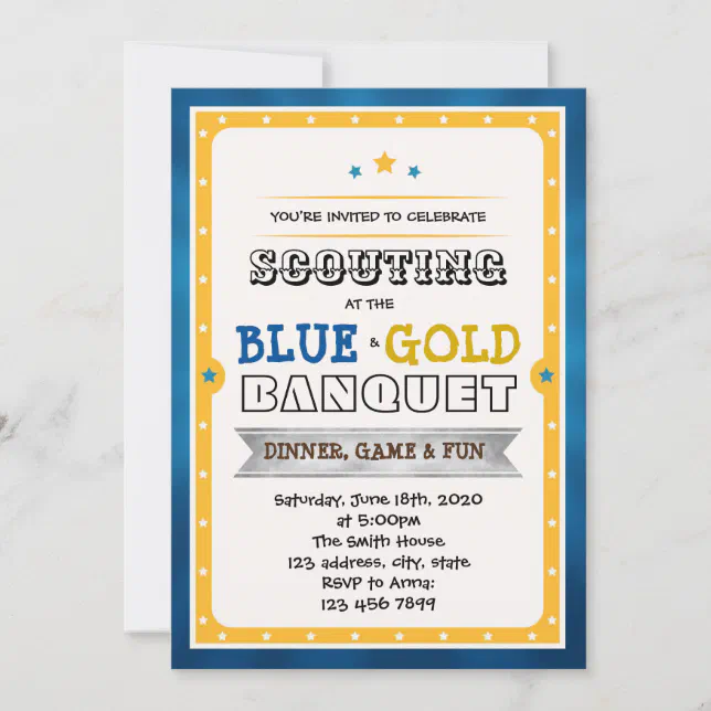 Blue and gold banquet party invitation | Zazzle