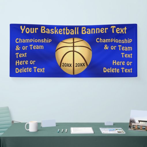 Blue and Gold Basketball Banner with 4 Text Boxes | Zazzle