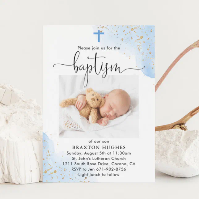 Blue and Gold Boy Baptism Christening Dedication Invitation | Zazzle