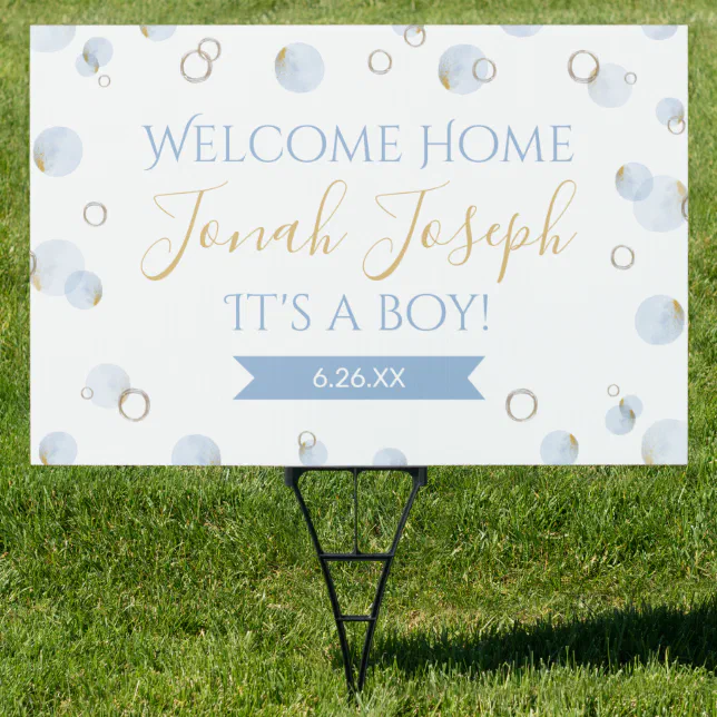 Blue and Gold Bubble Welcome Home Baby Yard Sign | Zazzle