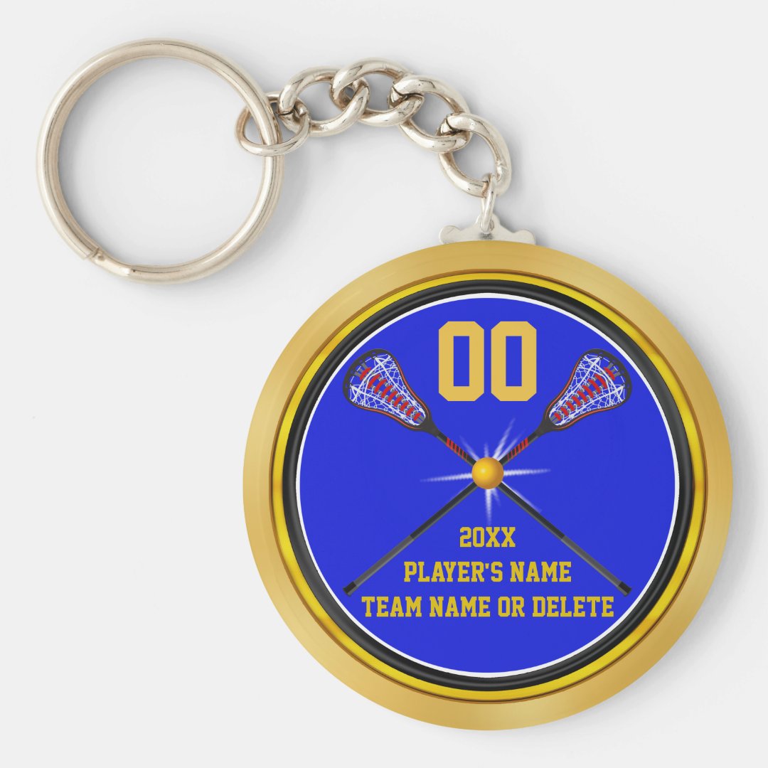Blue and Gold Cheap Lacrosse Gifts, Personalized Keychain | Zazzle