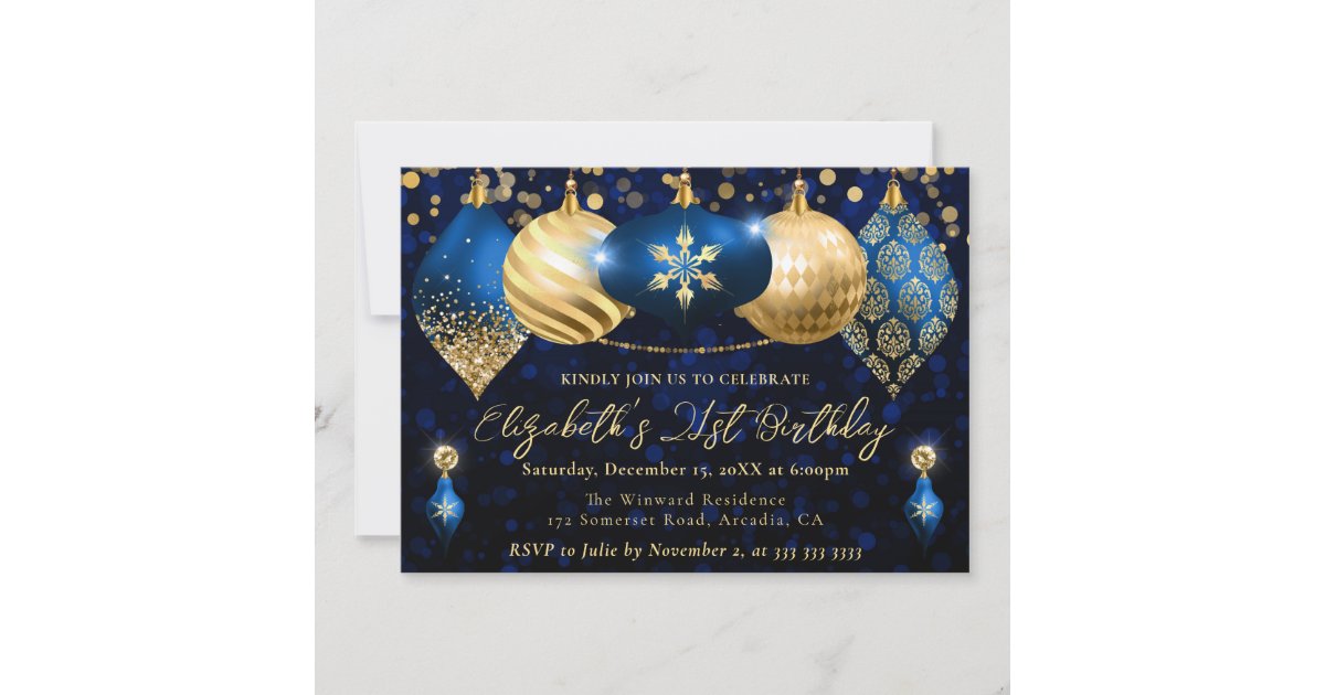 Blue and Gold Christmas Baubles Birthday Party Invitation | Zazzle