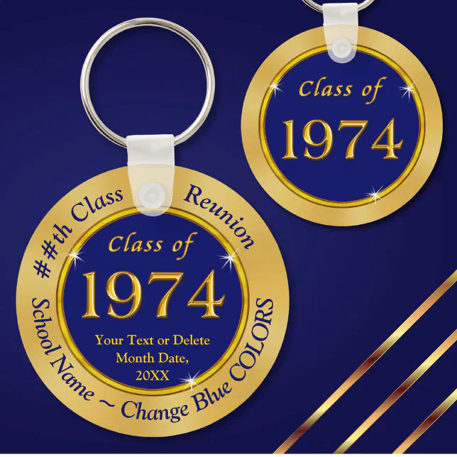 Blue and Gold, Class of 1974, Class Reunion Favors Keychain | Zazzle