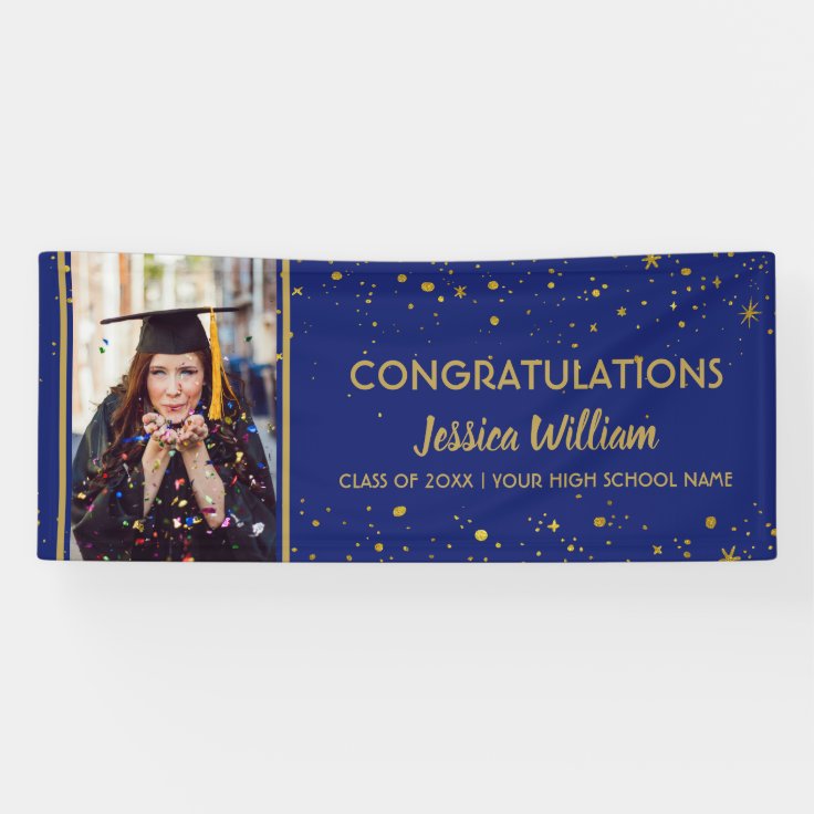 Blue And Gold Confetti Graduate Photo Graduation Banner | Zazzle
