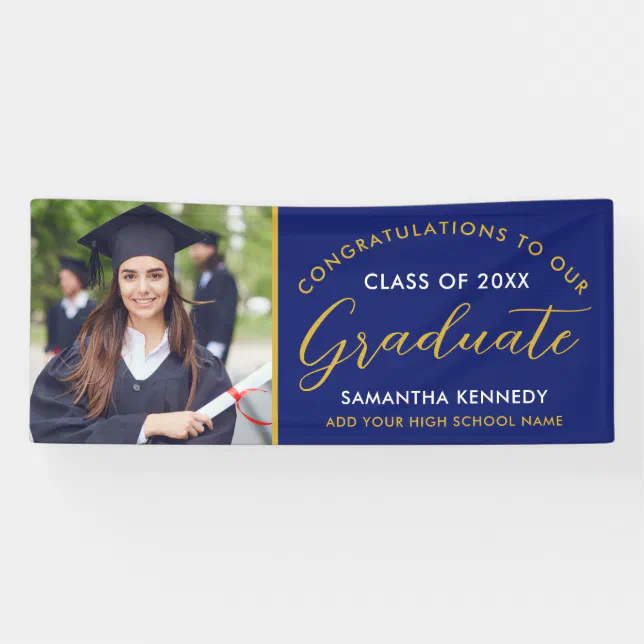 Blue And Gold Congrats Grad Photo Graduation Banner | Zazzle