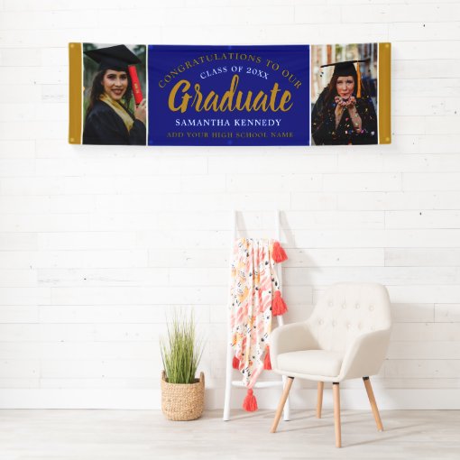 Blue And Gold Congrats Grad Two Photo Graduation Banner | Zazzle