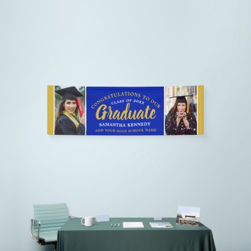Blue And Gold Congrats Grad Two Photo Graduation Banner | Zazzle