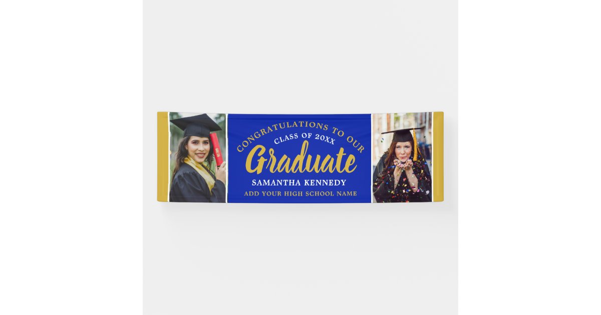 Blue And Gold Congrats Grad Two Photo Graduation Banner | Zazzle