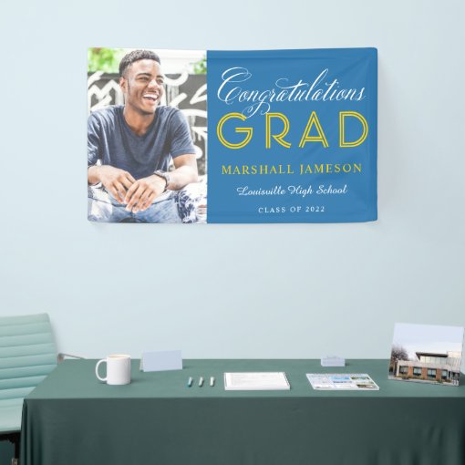 Blue and Gold Congratulations Graduation Photo Banner | Zazzle